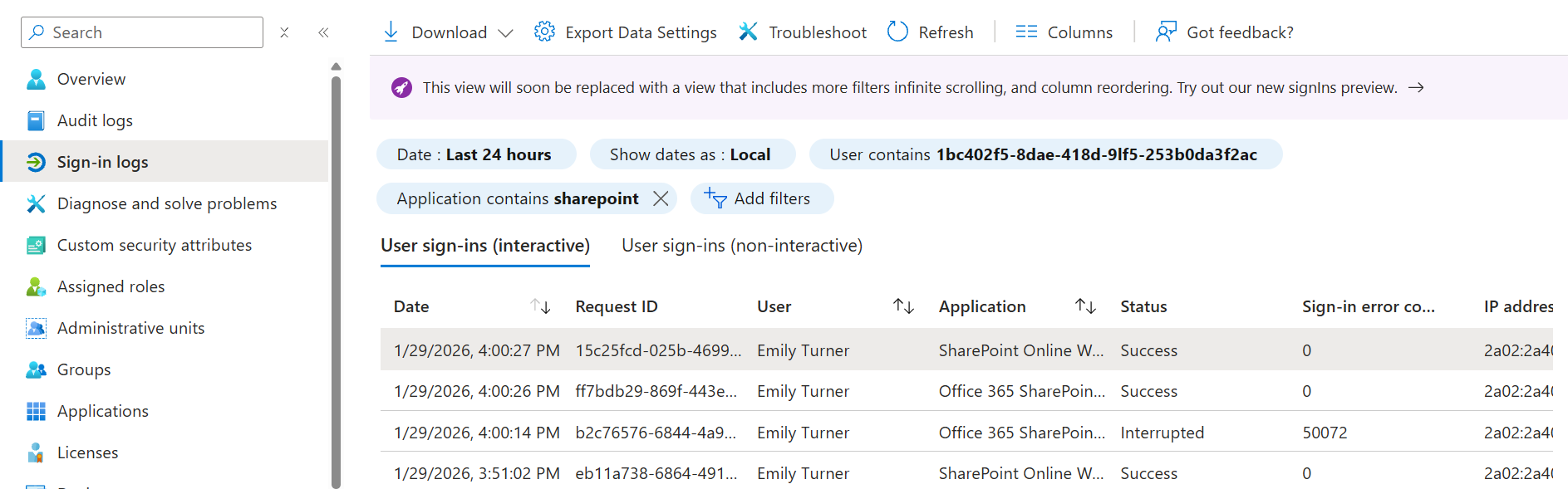Entra ID sign-in logs showing filtered results for SharePoint application activity. The table displays user sign-in attempts by Emily Turner with dates, request IDs, application names, status (Success/Interrupted), and IP addresses.