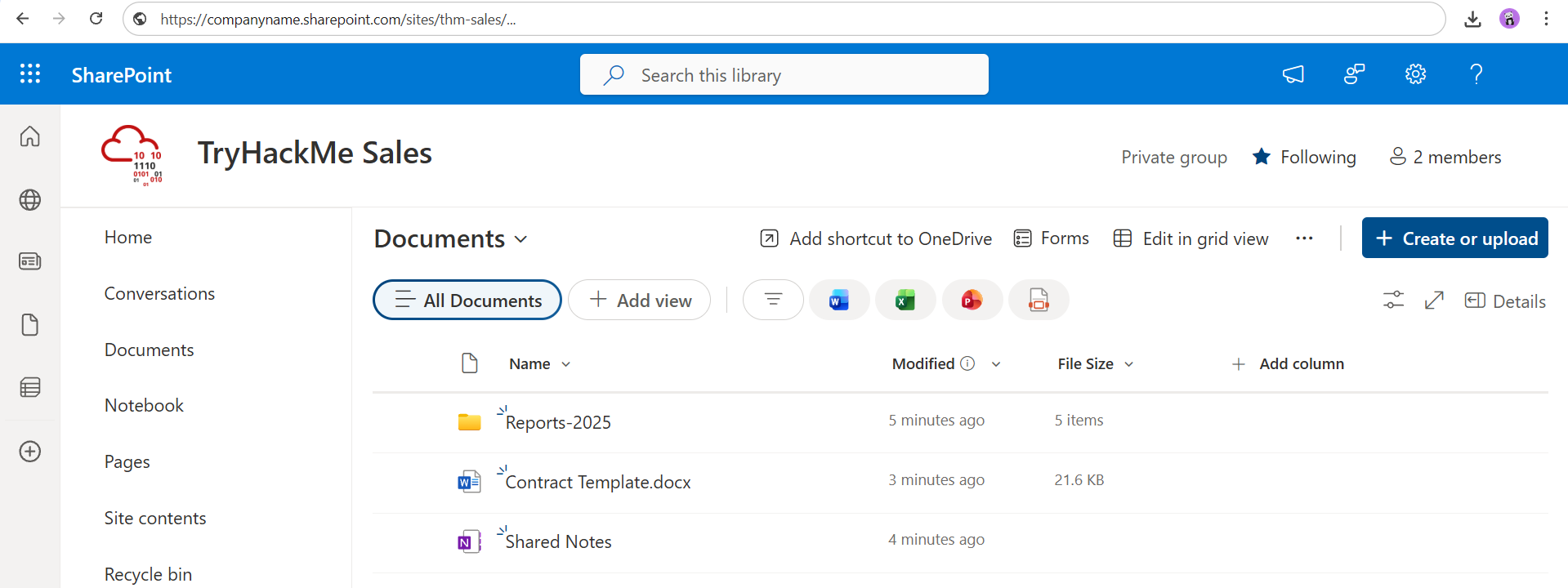 SharePoint document library for "TryHackMe Sales" site showing a list of documents including a "Reports-2025" folder and a "Contract Template.docx" Word file, with options to filter, add, and manage documents in the toolbar.