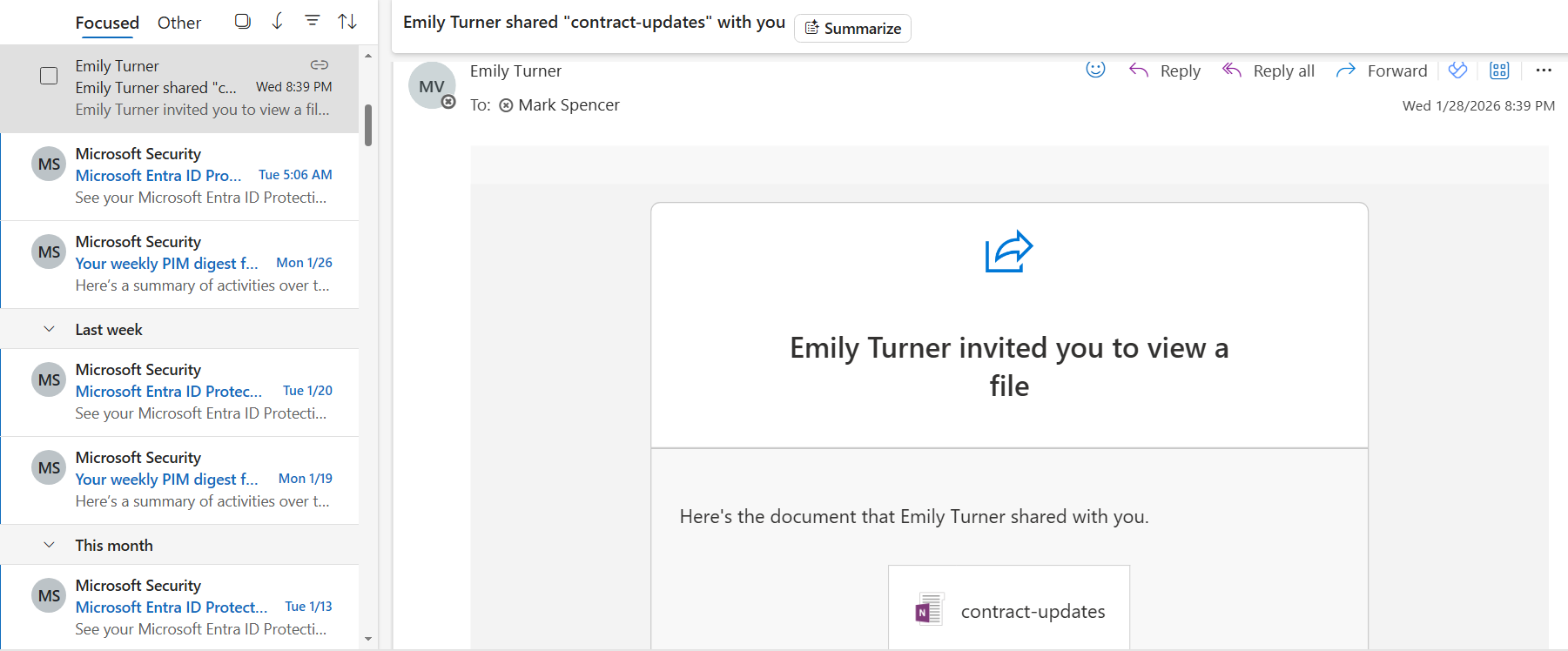 Outlook email showing Emily Turner sharing a document titled "contract-updates" with Mark Spencer. The email displays an invitation to view a file with a document preview icon at the bottom of the message.