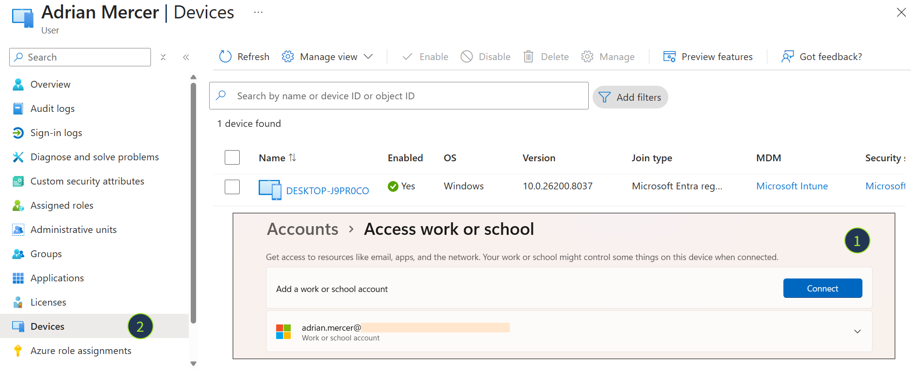 Microsoft Entra ID Devices panel showing a Windows desktop enrolled in MDM via Microsoft Intune, with the "Access work or school" account settings screen below.