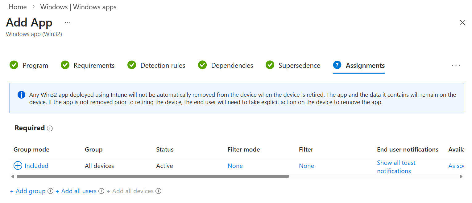 Intune "Add App" Win32 app Assignments tab showing the app required and assigned to all devices.