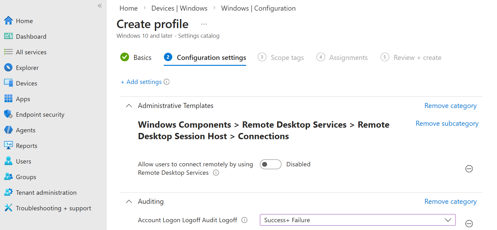 Intune "Create profile" configuration settings showing RDP connections disabled via Administrative Templates and Logon/Logoff auditing set to Success+Failure.