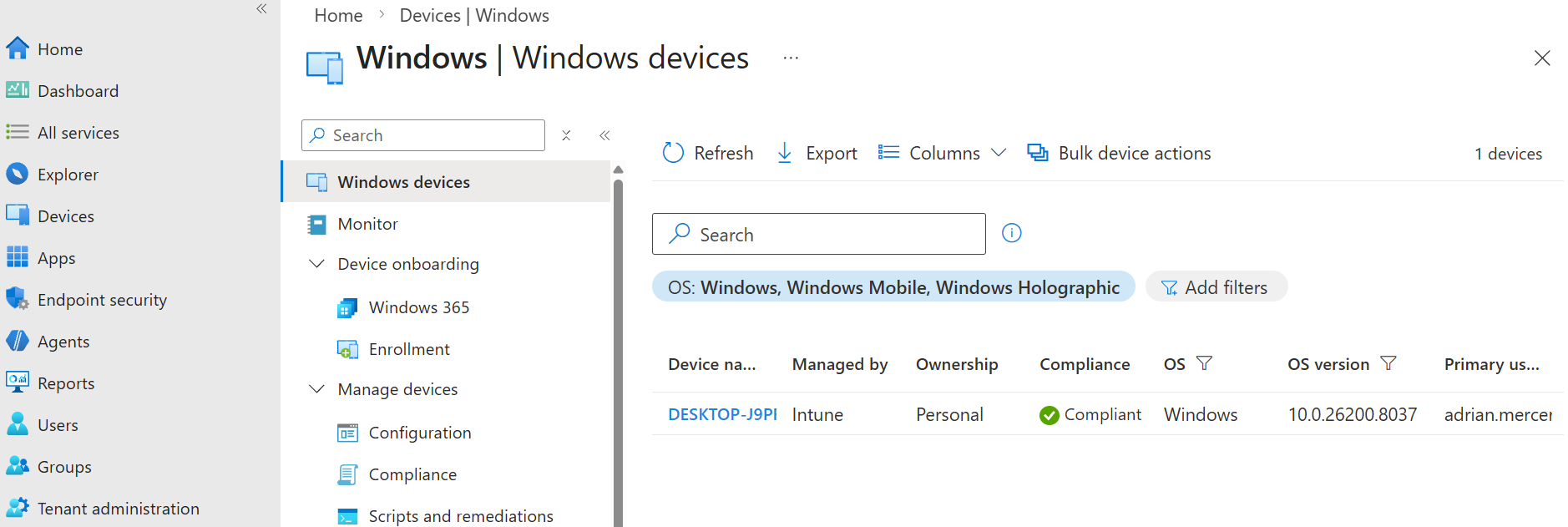 Microsoft Intune portal showing a Windows device marked as compliant, managed by Intune under the Windows devices section.