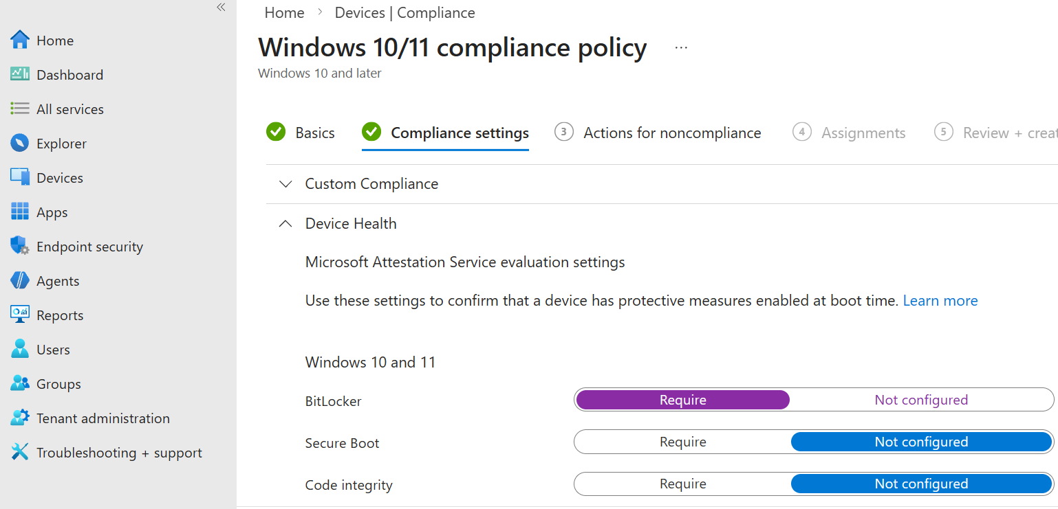 Intune Windows 10/11 compliance policy showing Device Health settings with BitLocker set to "Require" and Secure Boot set to "Not configured."