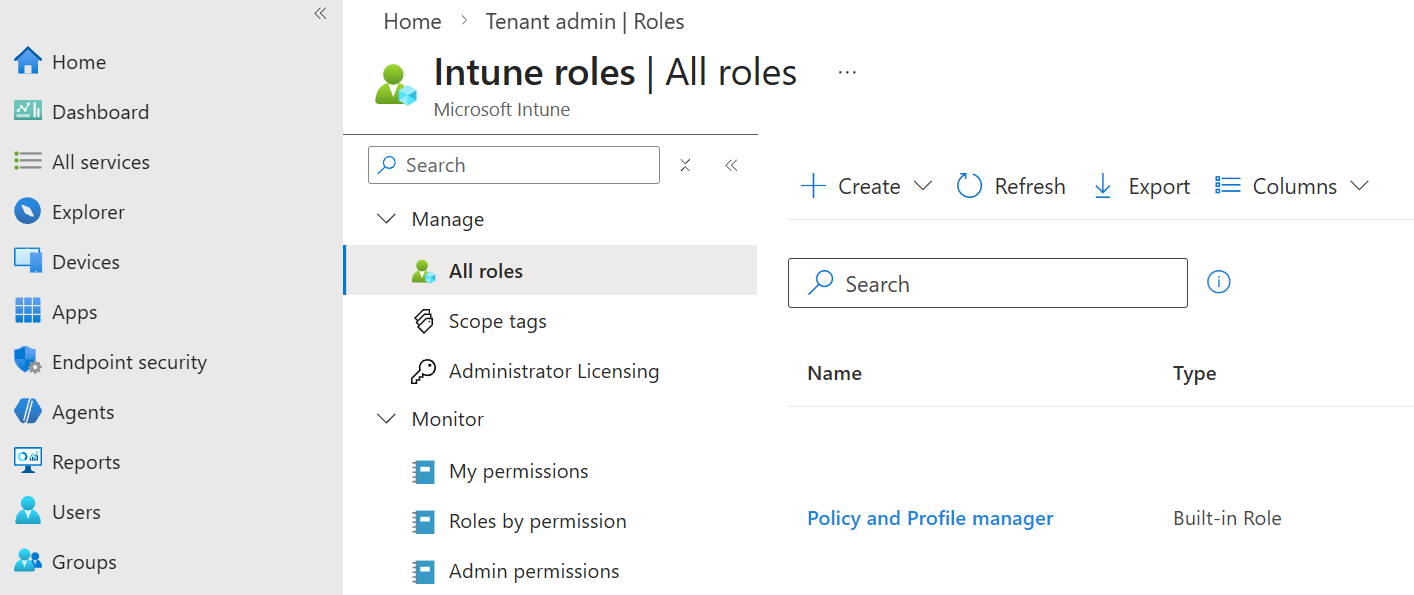 Intune "All roles" panel showing the built-in "Policy and Profile manager" role and a "Create role" button.