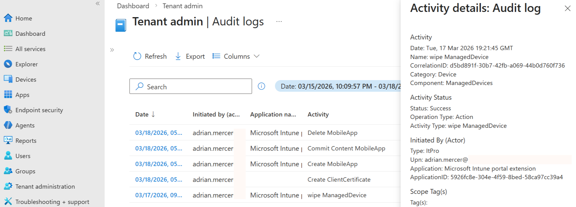 Intune Tenant Admin audit logs showing a successful "wipe ManagedDevice" action initiated via the Microsoft Intune portal extension, with full activity details including actor UPN and correlation ID.