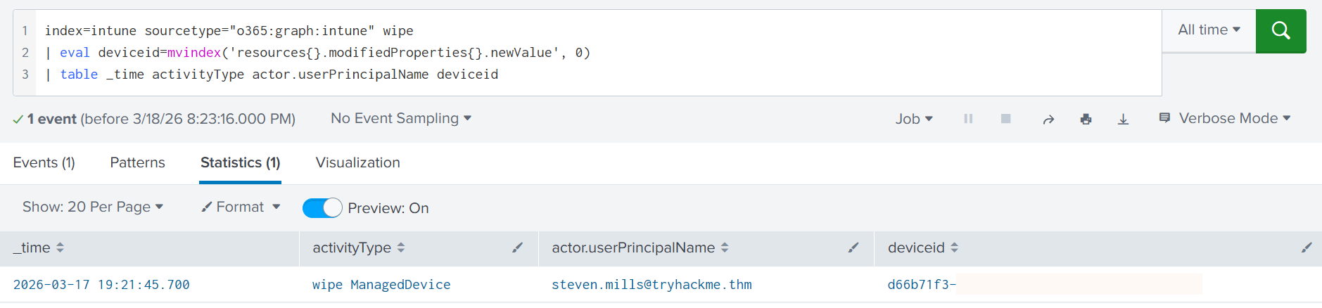 Splunk query of Intune Graph API logs showing a single "wipe ManagedDevice" event triggered by a suspicious user account, with the affected device ID extracted for further investigation.