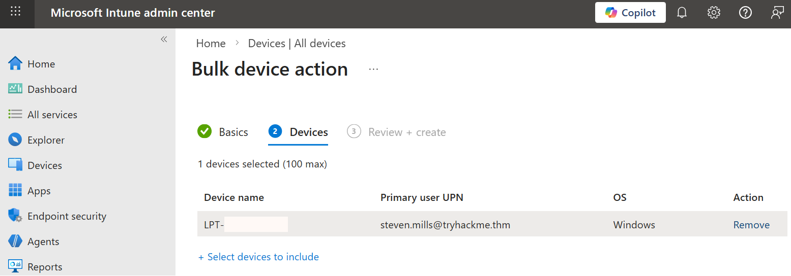 Microsoft Intune admin center "Bulk device action" screen with one Windows device selected, illustrating how a factory reset could be remotely triggered across multiple devices.