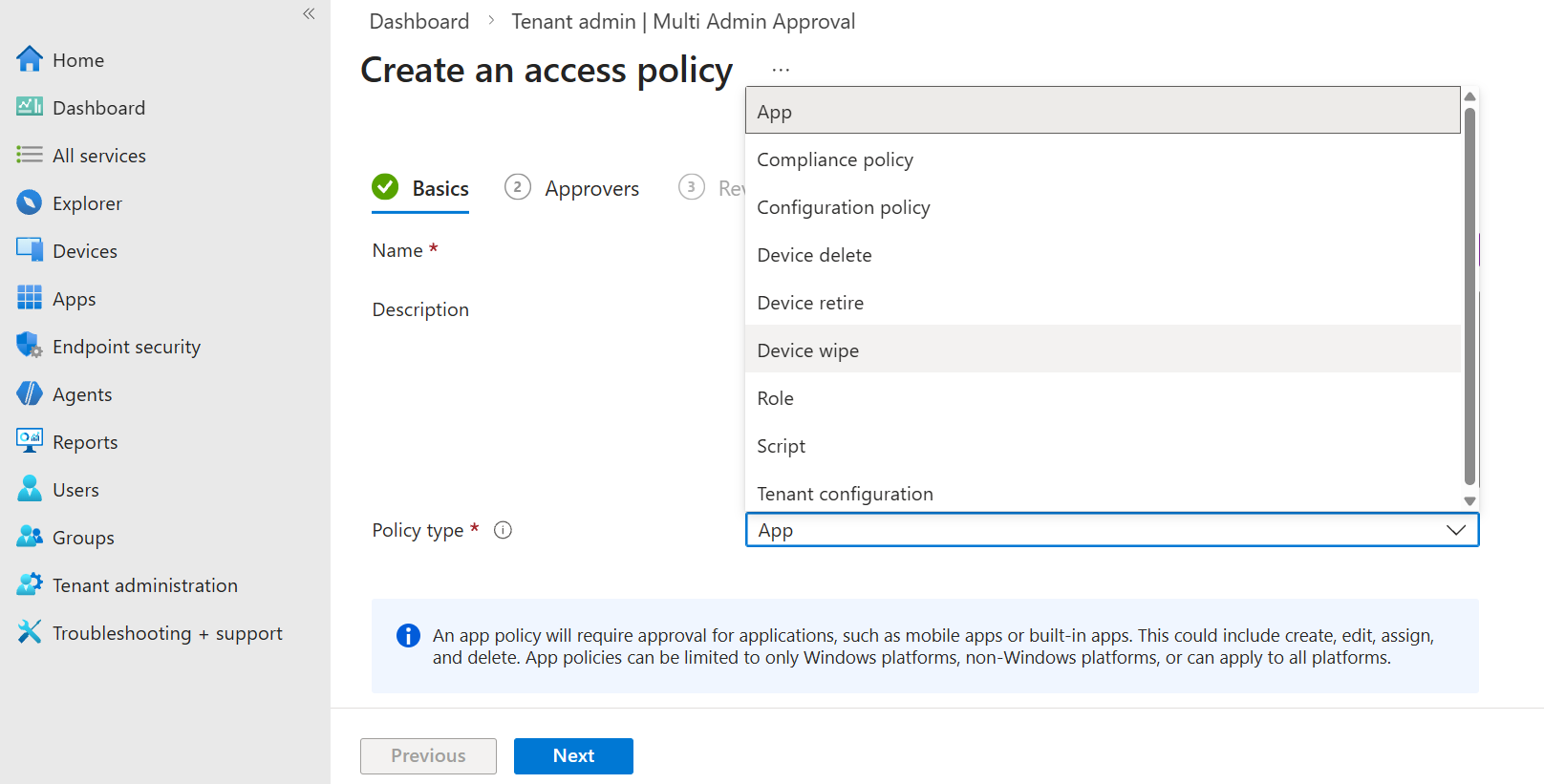 Intune Multi Admin Approval "Create an access policy" screen showing available policy types, including Device wipe and Compliance policy, requiring multi-admin approval before execution.