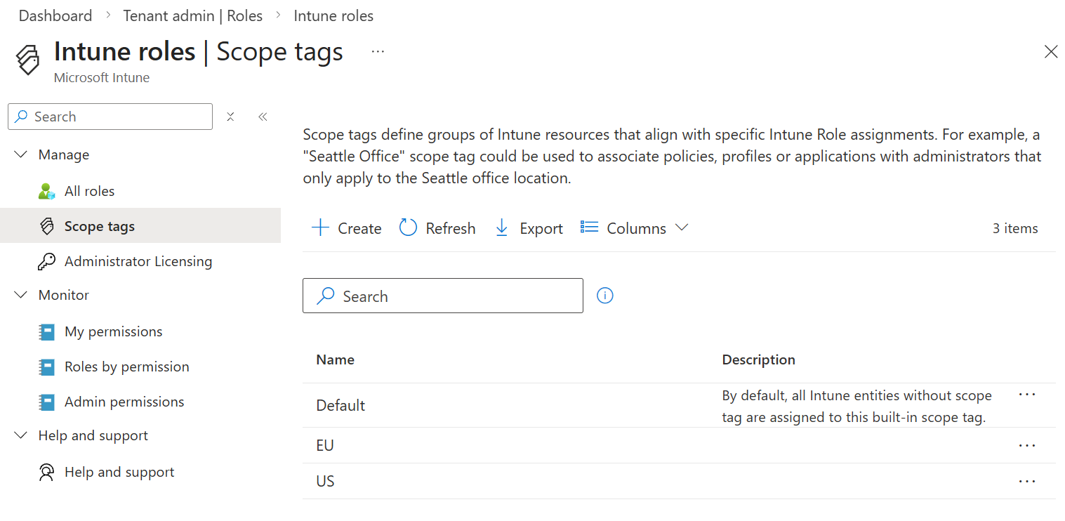Intune Scope tags page showing three tags: Default, EU, and US, used to restrict admin access to region-specific devices and applications.