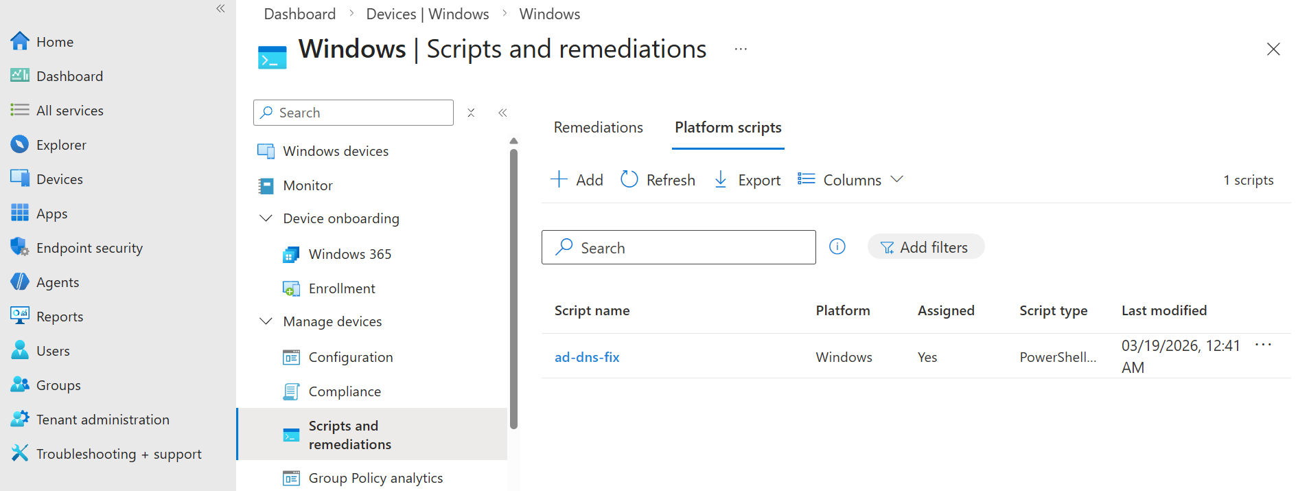 Intune Windows "Scripts and remediations" panel showing one assigned PowerShell platform script named "ad-dns-fix".