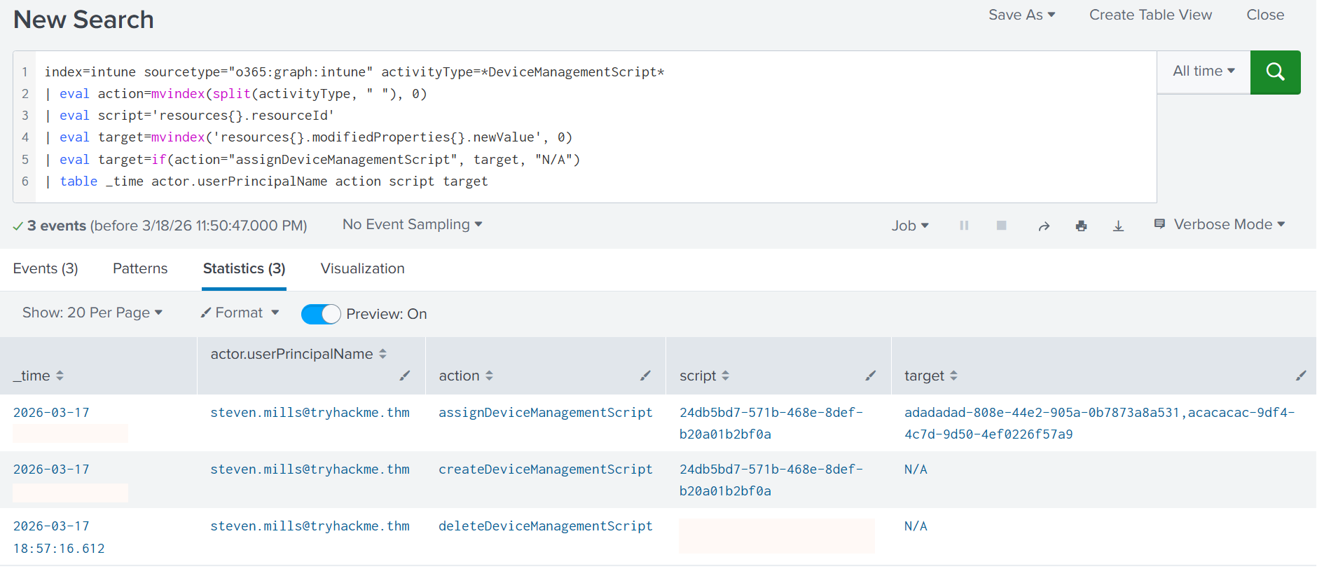 Splunk query of Intune logs showing a user creating, assigning, and deleting a PowerShell device management script across multiple target devices.