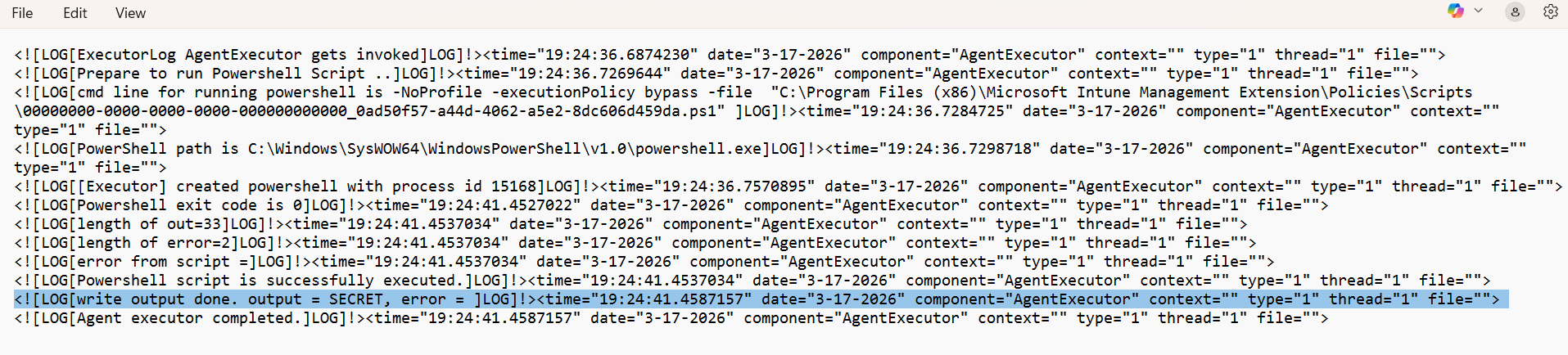 Raw content of the Intune AgentExecutor.log file.
