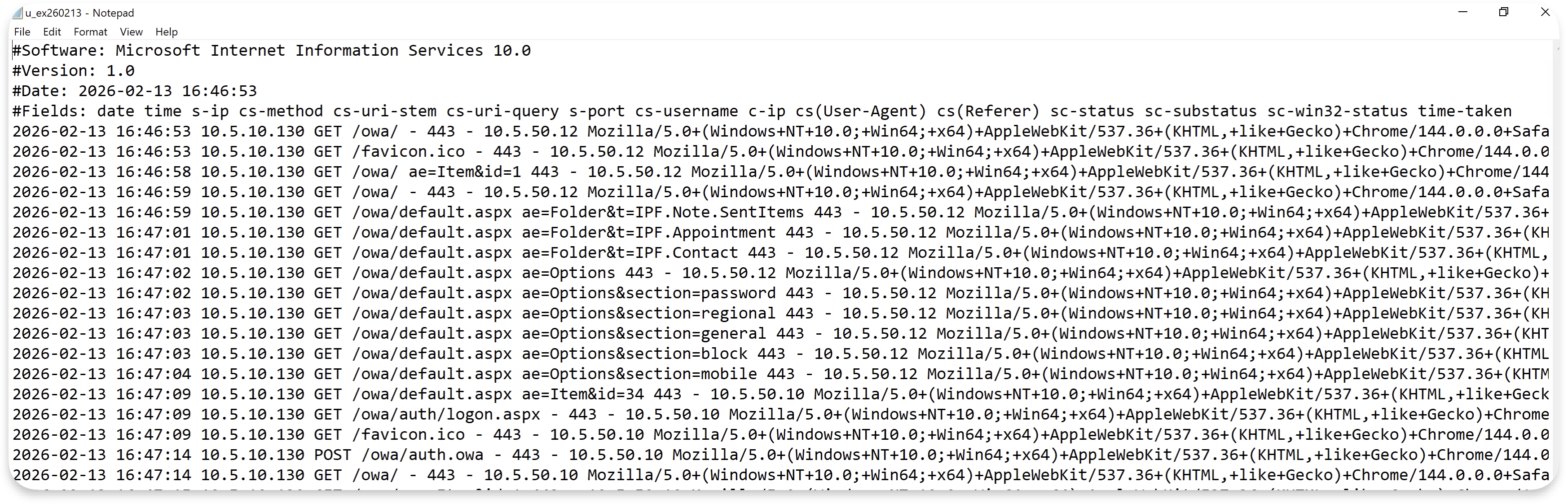 IIS W3C log entries showing HTTP requests with timestamps, methods, URIs, and client IPs